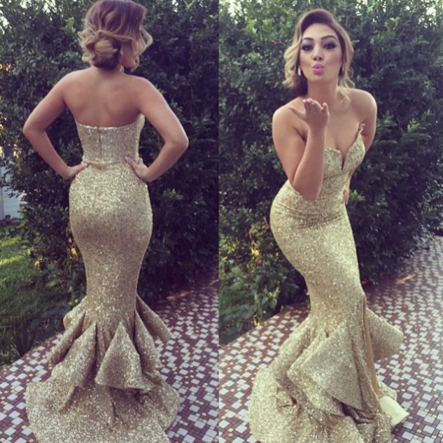 Sparkly Strapless Mermaid Long Gold Prom Dress Evening Dress on Luulla